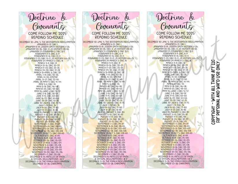 Come Follow Me 2025 Reading Schedule Doctrine and Covenants Bookmarks